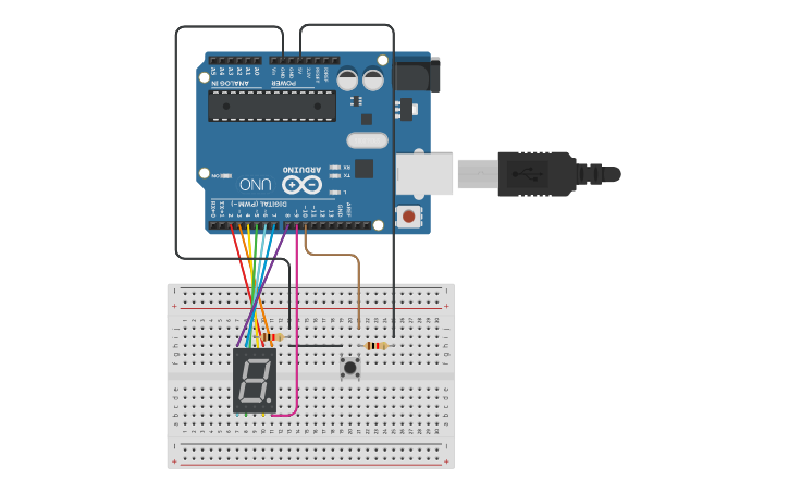 Circuit design display 7 segmentos botão | Tinkercad
