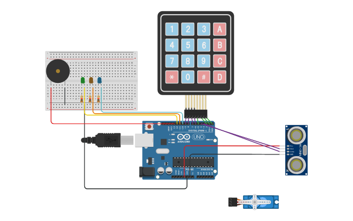 Circuit design Sonidos y led con keypad y Sensor de distancia - Tinkercad
