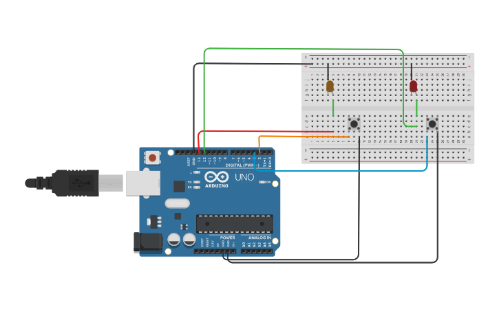 Circuit design control 2 led using 2 switch - Tinkercad