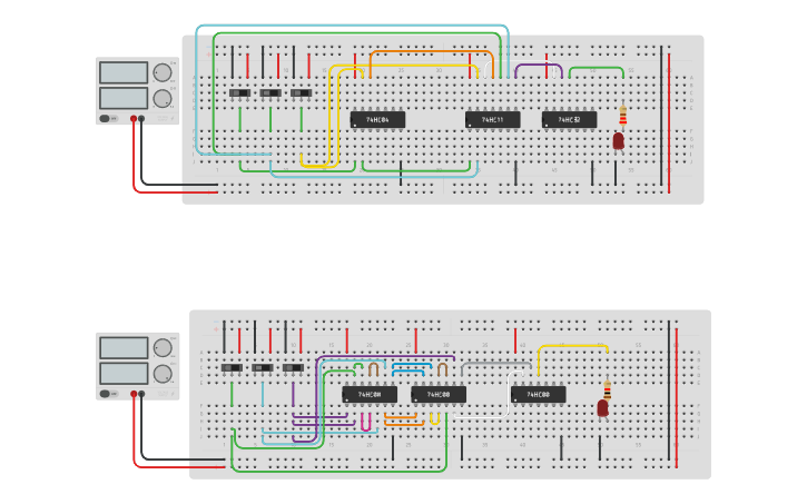 Circuit design Circuito che riconosce due combinazioni | Tinkercad