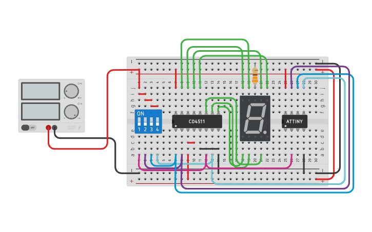 Circuit design TRABALHO CIRCUITO - ATTINY 7SEG - Tinkercad
