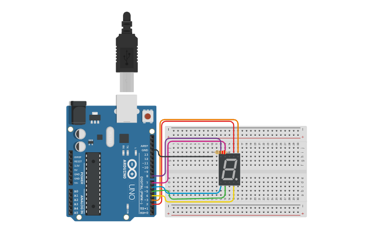 Circuit design 3.1 - 7 Segment (0-9 Loop) - Tinkercad