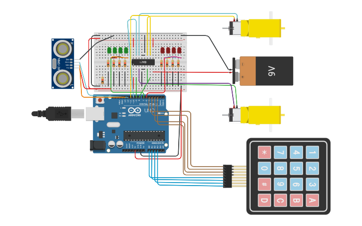 Circuit design Lab 7_Carro controlado con el teclado | Tinkercad