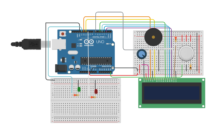 Circuit design Sensor de gas y Lcd | Tinkercad