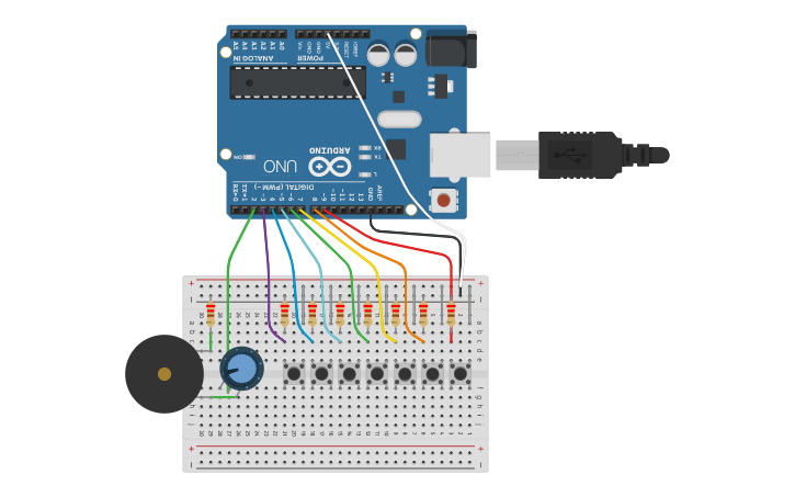 Circuit design Piano com arduino - Tinkercad