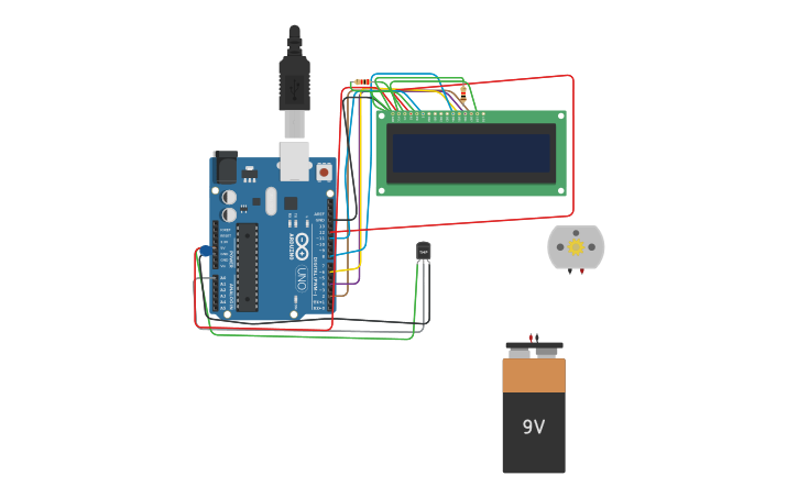 Circuit design Ventilator cu senzor de temperatura si ecran lcd | Tinkercad