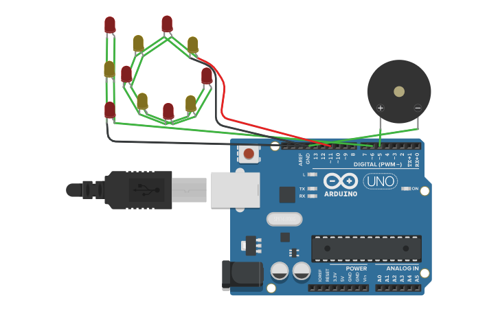 Circuit design ARDUINO - LUCES CON SONIDO DE NAVIDAD - Tinkercad