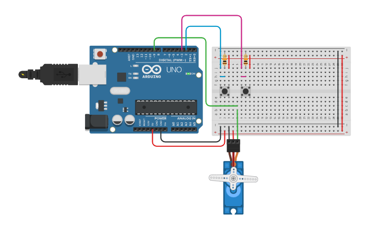 Circuit design Servo w/ Buttons - Tinkercad