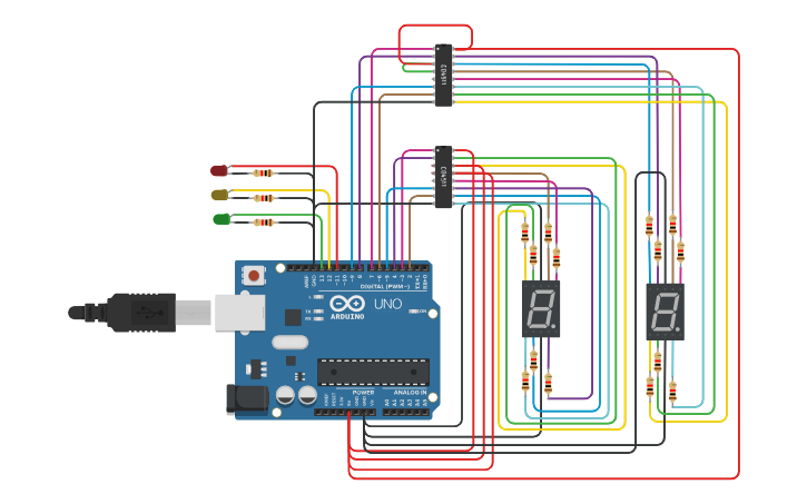 Circuit design Lampu Merah 2 Display_Decode 7 Segmen - Tinkercad Circuit design Lampu Merah 2 Display_Decode 7 Segmen - Tinkercad