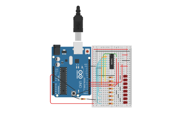 Circuit design Arduino хичээл 4- Shift Register | Tinkercad