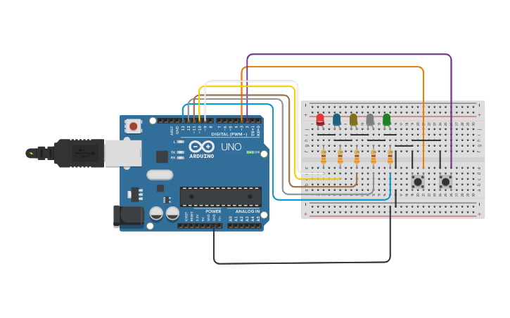 Circuit design 5 led pull up/down | Tinkercad