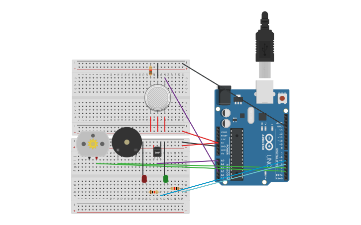 Circuit design Fire and Smoke Alarm - Tinkercad
