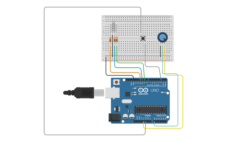 Circuit design 4 RGB LED with Potentiometer and Push Button - Tinkercad