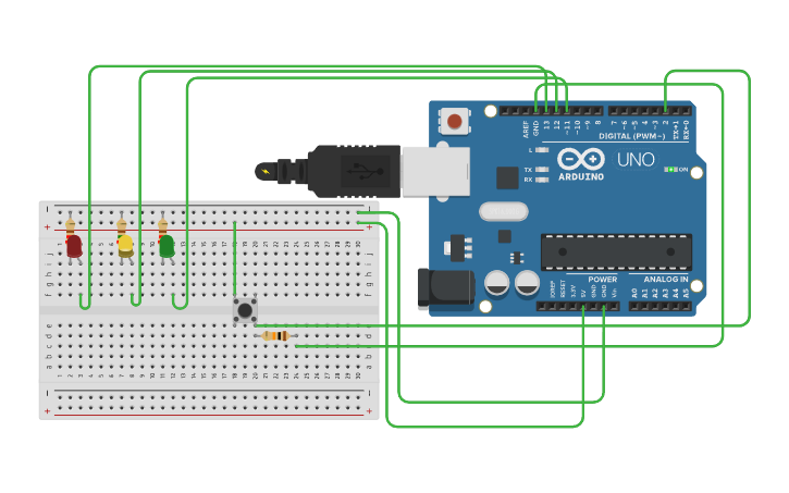 Circuit design semaforo con pulsador - Tinkercad