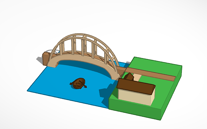 3D design river with bridge and house - Tinkercad