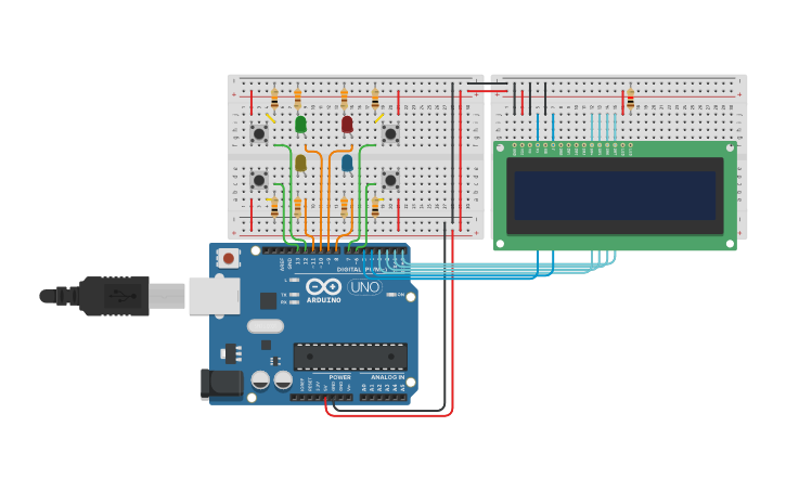 Circuit design 4 buttons and LCD - Tinkercad