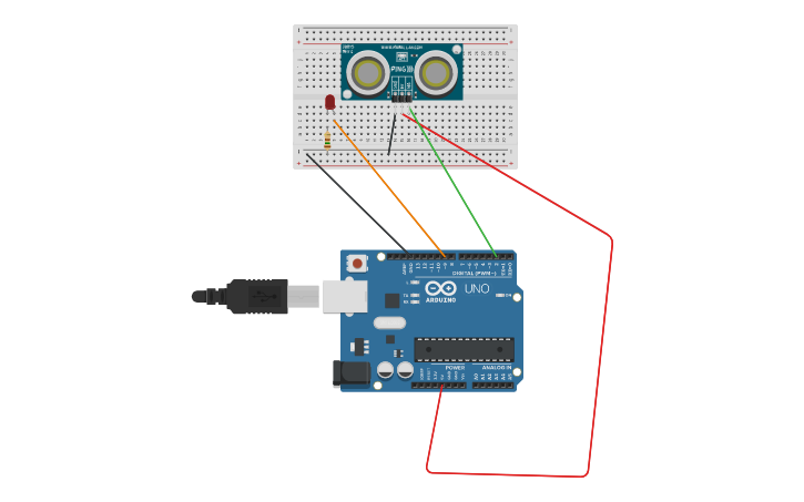 Circuit design Circuito 28: Ultrasonido + LED | Tinkercad
