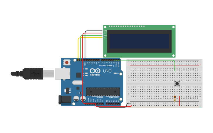 Circuit design Pantalla LCD con I2C y botón de conteo - Tinkercad