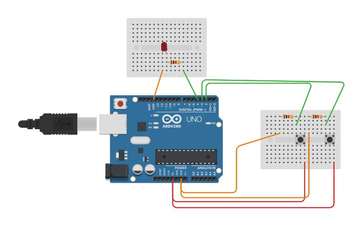 Circuit design two push button and one led - Tinkercad