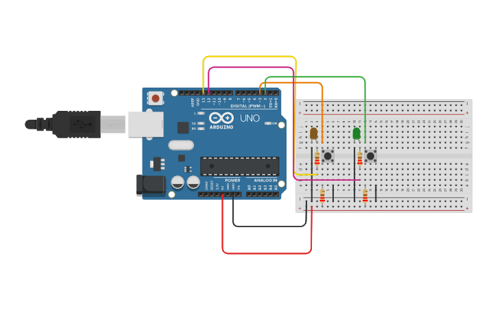 Circuit design Exercício 2 LED's - Tinkercad