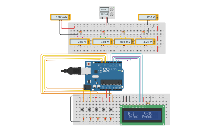 Circuit design LCD + resistores - prova de LAE Série | Tinkercad