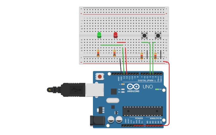 Circuit design Dos pulsadores y dos LED - Tinkercad