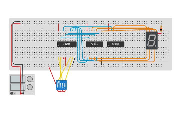 Circuit design 3 to 7 segment decoder - Tinkercad