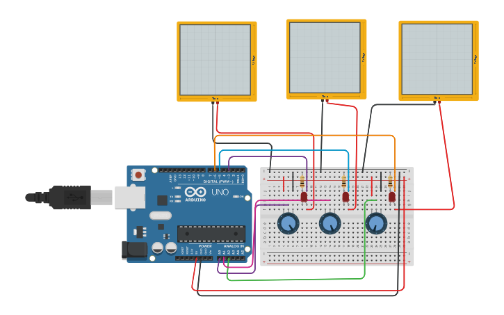 Circuit design tres leds con potenciometro - Tinkercad