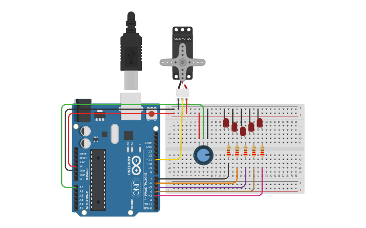 Circuit design Arduino - Servo + POT + LED - Tinkercad