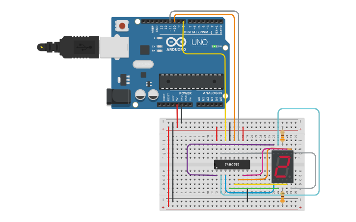 Circuit design 7-segment common anode LED with shift register - Tinkercad