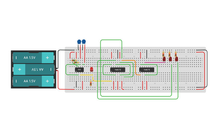 Circuit design 3 bit ripple up counter - Tinkercad