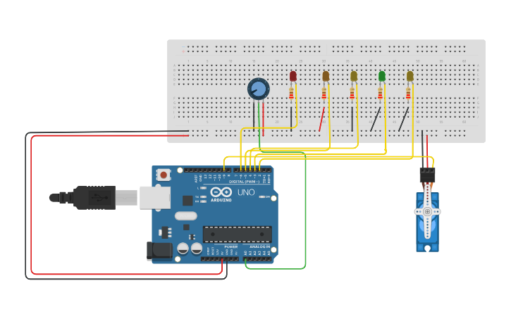 Circuit design Arduino UNO move Servo with Potentiometer LEDs - Tinkercad