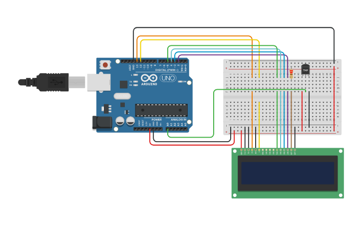 Circuit design ERRO 2 PROVA Sensor de Temperatura y LCD - Tinkercad