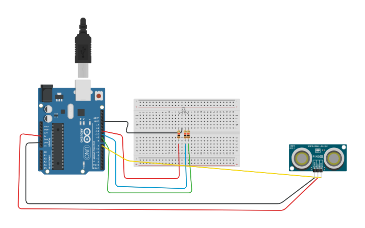 Circuit design ultrasonic sensor with RGB | Tinkercad