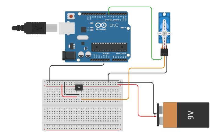 Circuit design Servo plus 9v battery | Tinkercad