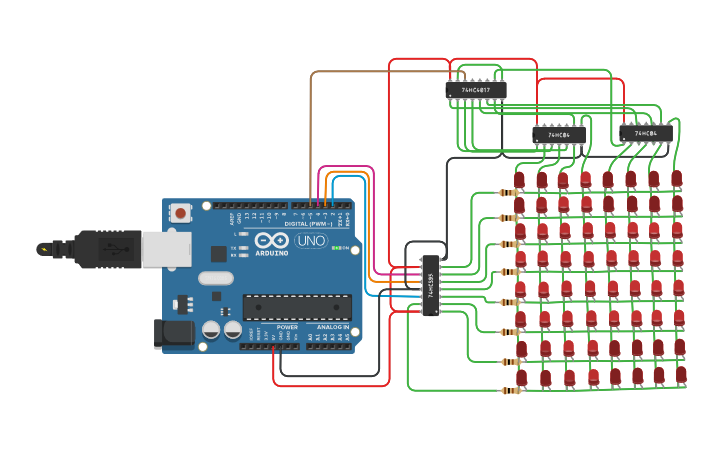 Circuit design 8x8 LED matrix 74HC595 and 4017 - Tinkercad