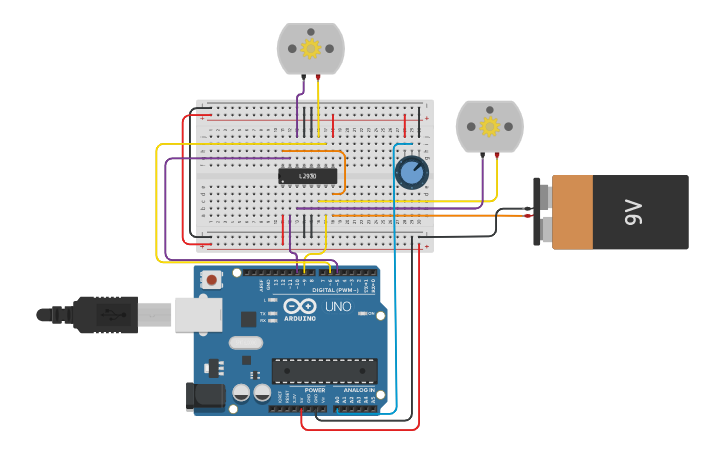 Circuit design H bridge with 2 Dc-motors - Tinkercad