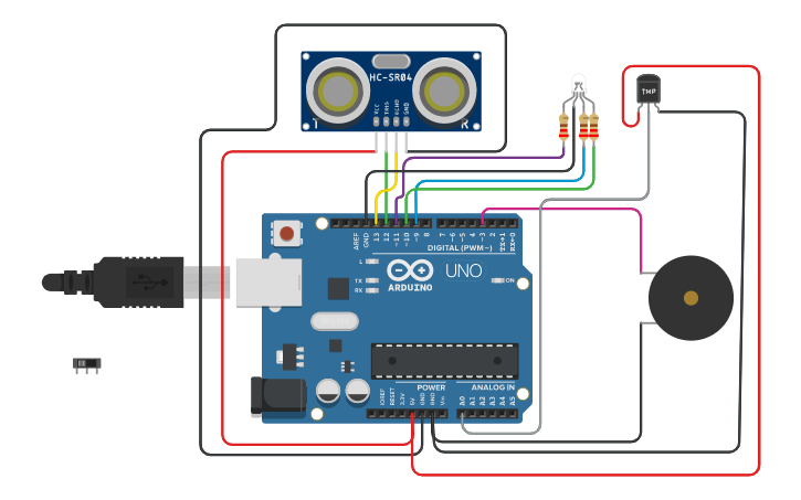 Circuit design Careta Inteligente LED SMD RGB - LM35 Temp - HC-SR04 Ultrasonico - Tinkercad
