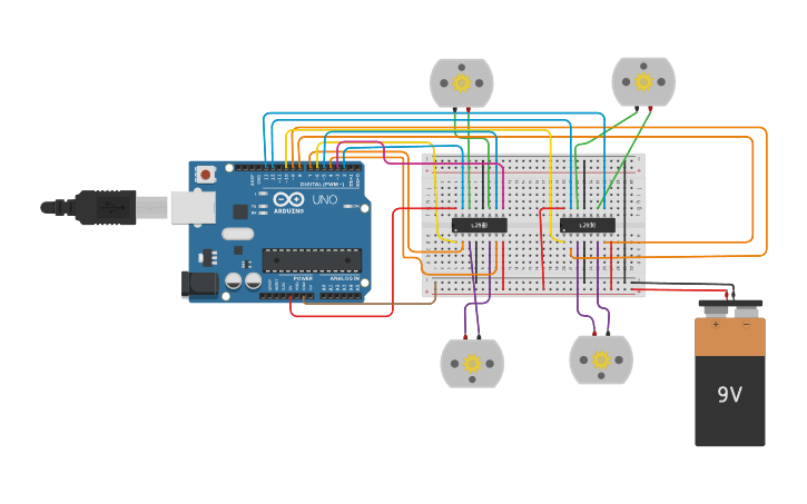 Circuit design 4 DC Motor Control with L293D Motor Driver - Tinkercad