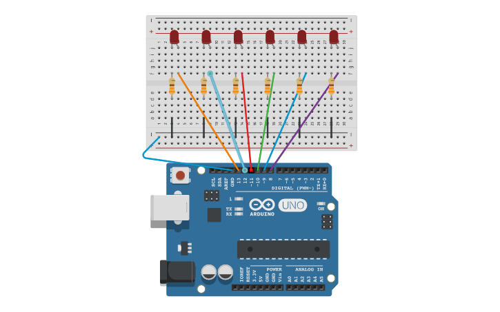 Circuit design 6 Leds sencillo - Tinkercad