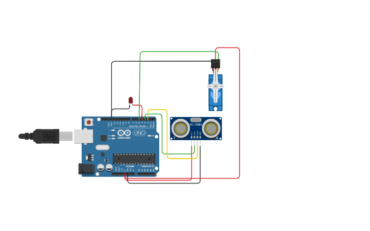 Circuit design proximity sensor + servo & LED - Tinkercad