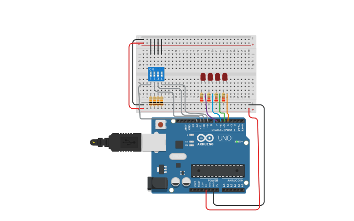 Circuit design maquina de estado moore secuencia 0111 - Tinkercad