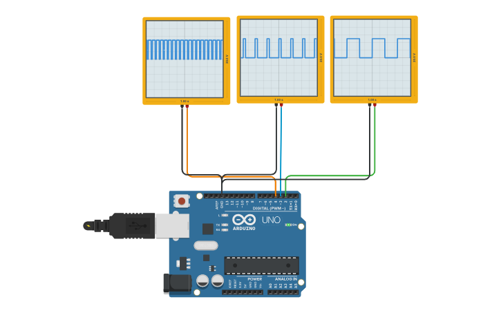 Circuit design PWM any port, pulse ports in different frequencies | Tinkercad