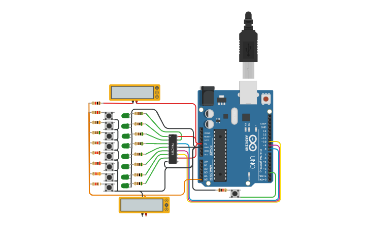 Circuit design 74HC595 com Arduino e 8 botoes - Tinkercad