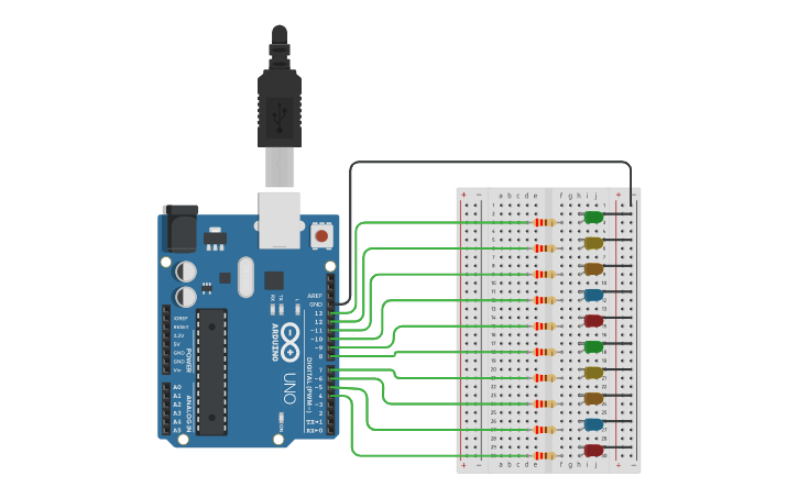 Circuit design Christmas Lights - Tinkercad