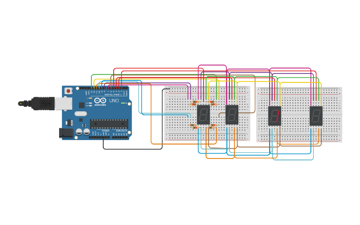 Circuit design ARDUINO 4 DISPLAY A SETTE SEGMENTI Francesco Giangrande | Tinkercad