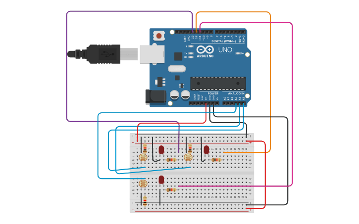 Circuit design Tarefa Arduino Fotoresistores | Tinkercad