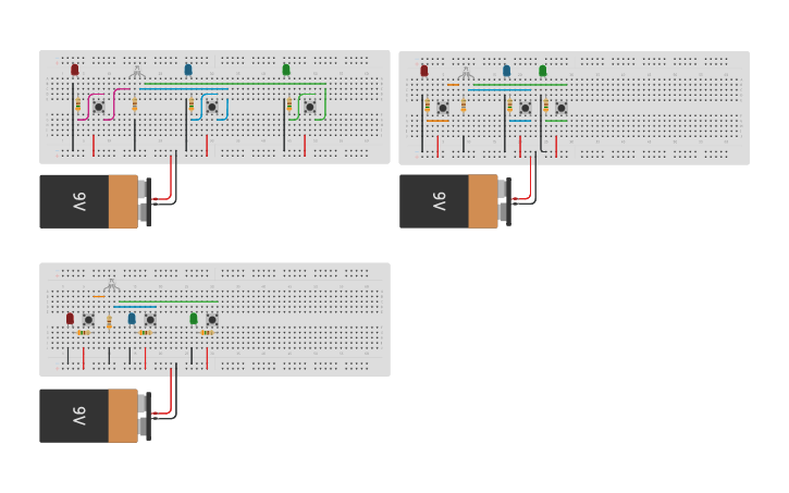 Circuit design 3 Led con Pulsanti e 1 Led RGB - Tinkercad Circuit design 3 Led con Pulsanti e 1 Led RGB - Tinkercad