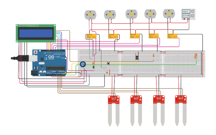 Circuit design Copy of Sistema de riego automático - Tinkercad