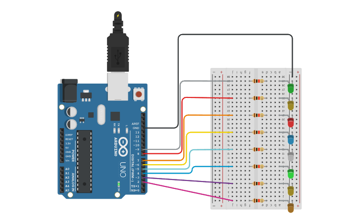 Circuit design Practica 2 Juego de luces - Tinkercad